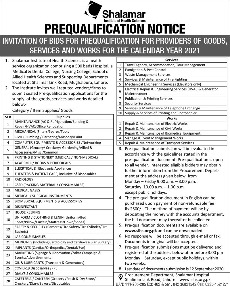 Tender 2021 – Shalamar Institute of Health Sciences